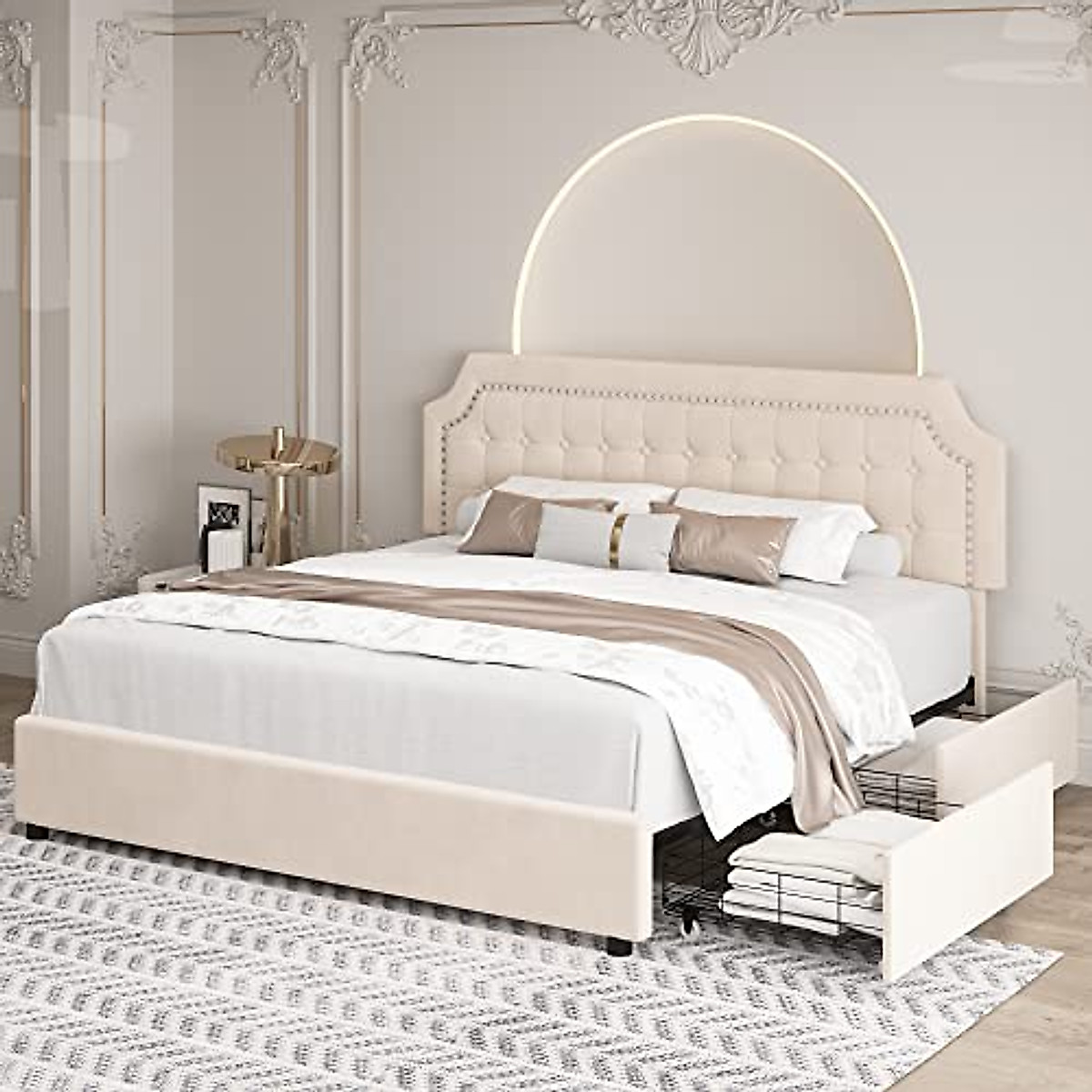 King Bed Frame with Storage and Adjustable Headboard, Bed Frame with 4 Drawers and Wooden Slats Support, No Box Spring Needed, Velvet, Beige