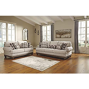 Signature Design by Ashley Harleson Modern Farmhouse Loveseat with Nailhead Trim and 4 Accent Pillows, Beige