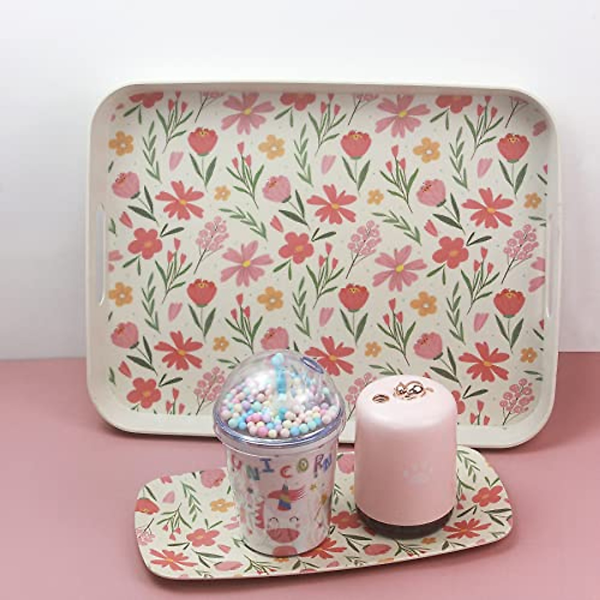 Finorder Serving Trays, Bamboo Fiber Tray with Handles, 16" x 12" Decorative Tray Great for Eating, Tea, Bar, Breakfast or Any Food Tray, Red Flower Prints