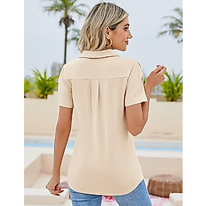 ZHENWEI Short Sleeve Summer Shirts Women V Neck Collared Polo Tunic Tops Work Blouse,Apricot,S