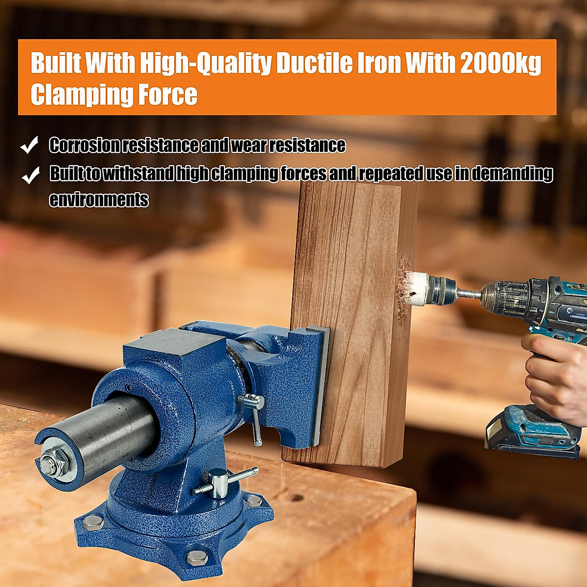 EASYBERG 5" Bench Vise with 5 inch Jaw Width 5 inch Jaw Opening 4 inch Throat Depth Ductile Iron, Multi-Purpose 360 Degree Head and Swivel Base Bench Vice with Anvil and Scale