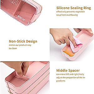 Rarapop 3 Pack Stackable Bento Box Japanese Lunch Box Kit with Spoon & Fork, 3-In-1 Compartment Wheat Straw Meal Prep Containers for Kids & Adults (Green/Pink/Beige)