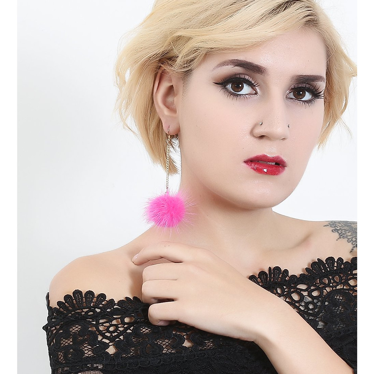 Boderier Rabbit Fur Pompom Drop Earring Gold Chain Shoulder Duster Earring Ear Drop for Women Rose Red