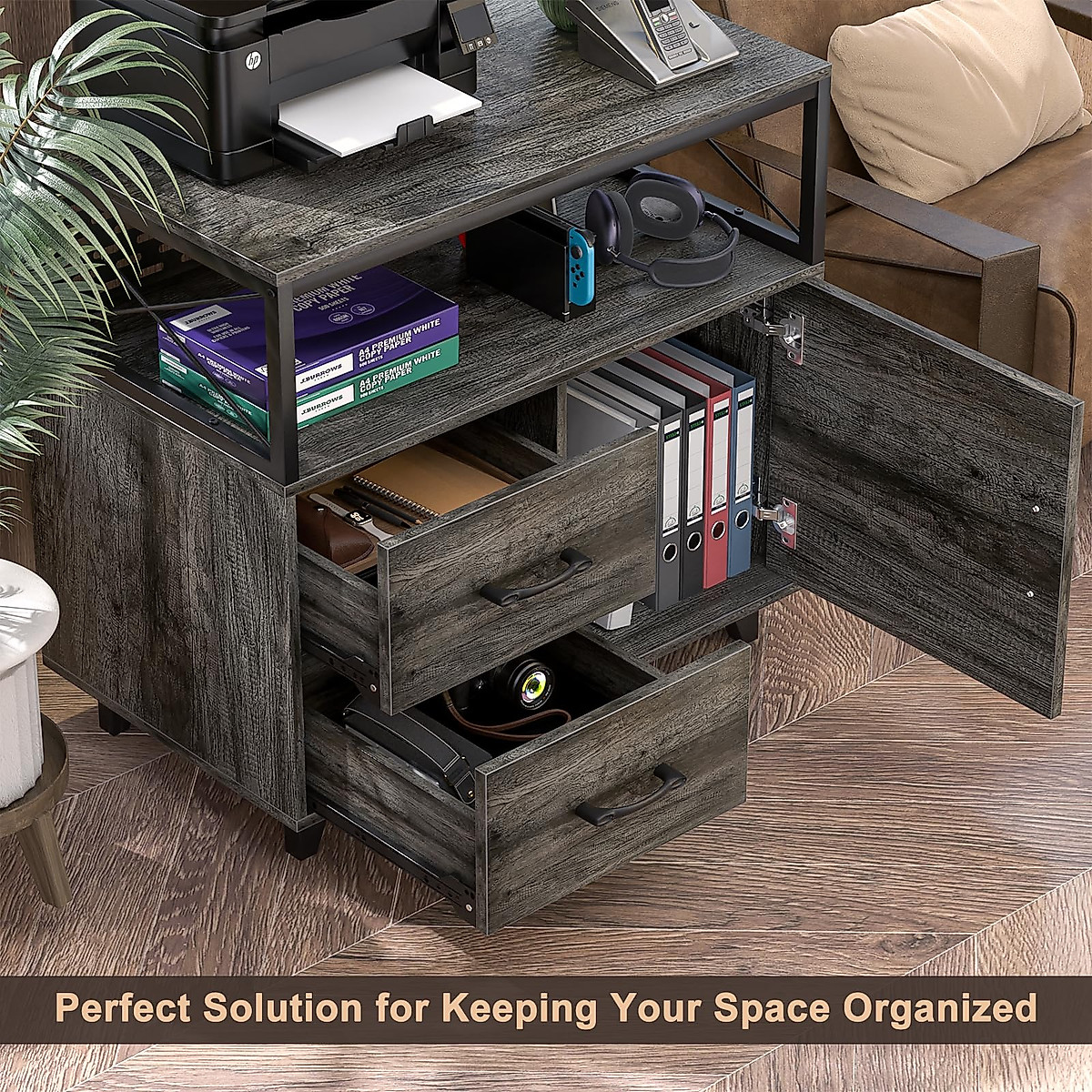 Homieasy L Shaped Office Desk with Storage Cabinet and Recessed Power Strip LED Strip, 55 Inch Thickened Heavy Duty Executive Computer Desk with 2 Drawers and 1 Door Cabinet, Black Oak F15