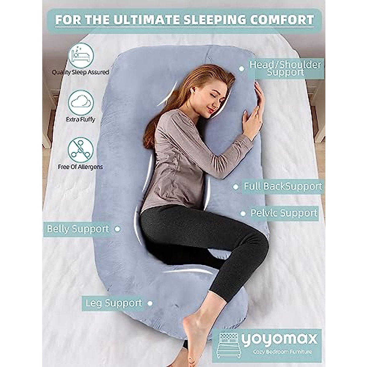 yoyomax Pregnancy Pillows, U Shaped Full Body Maternity Pillow Memory Foam Pregnancy Pillow with Removable Cover, 57 Inch Pregnancy Pillows for Sleeping, Washable, Removable Cover (Grey)