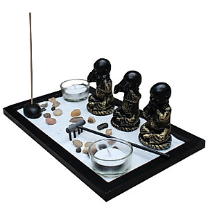 Zen Garden Meditation Garden 3 Buddha See, Speak, Hear No Evil Statues, Incense Holder, Incense, 2 Tea Light Holders, Rocks, Sand, Rake (Candles Not Included)