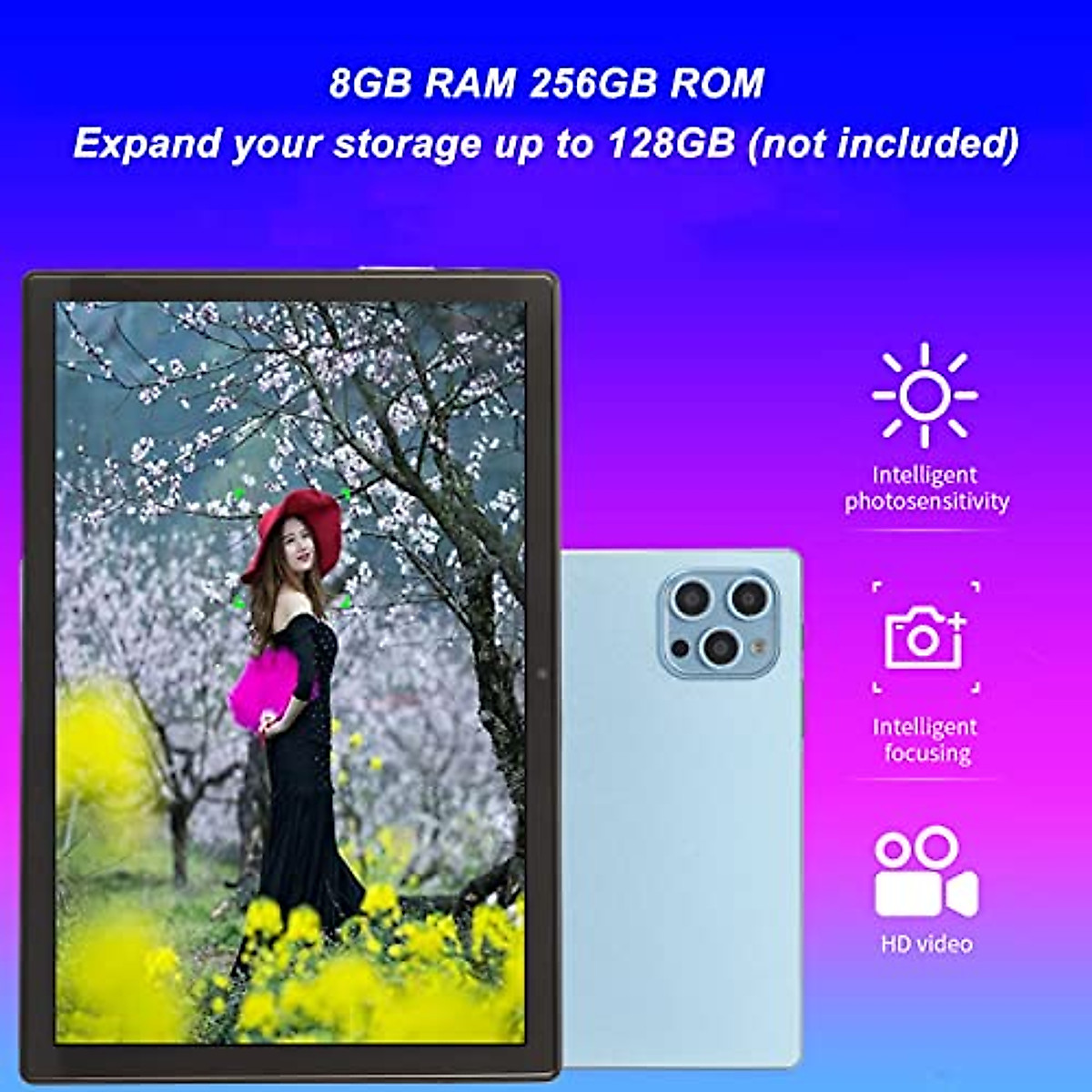 Haofy HD Tablet, 5G WiFi 8-core CPU Call Tablet Support Fast Charging 10 Inch 8GB RAM 256GB ROM 8MP Front 16MP Rear for Android 12 for Learning (US Plug)