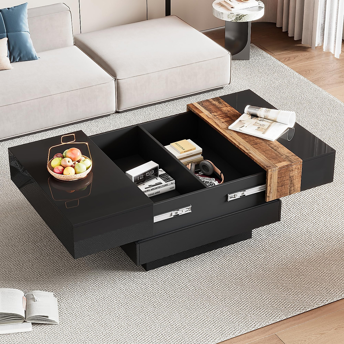 Bellemave Square Coffee Table High Gloss Center Table with Sliding Tabletop, Multi-Storage Sofa Table Extendable Cocktail Table with Hidden Storage Compartment for Living Room (Black)