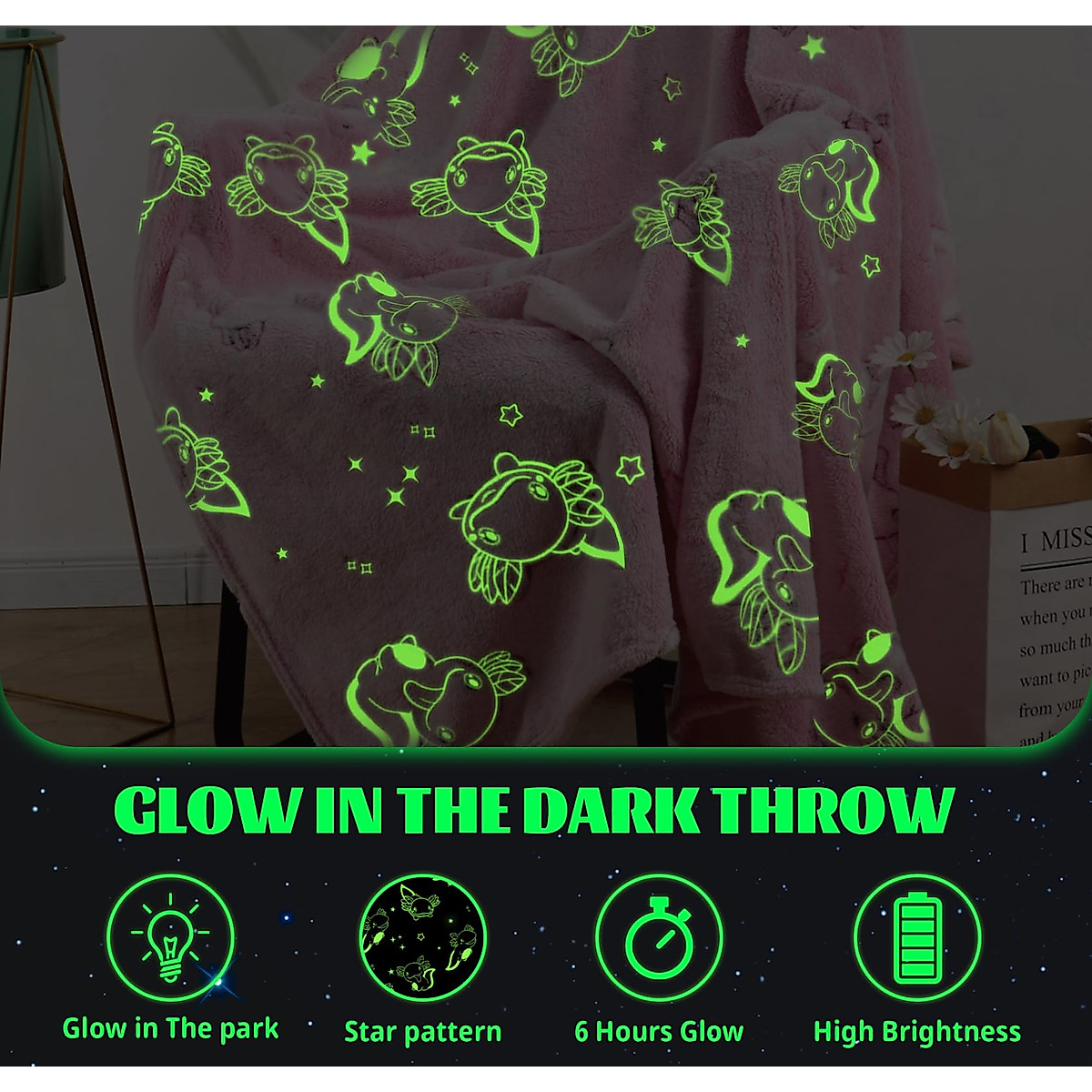 Axolotl Blanket Glow in The Dark Soft Blanket Salamander Pink Throw Axolotl Gifts Toys Room Decor Cute Cozy Pink Kids Blanket Throw for Girls Teen (Axolotl, 40"X60")