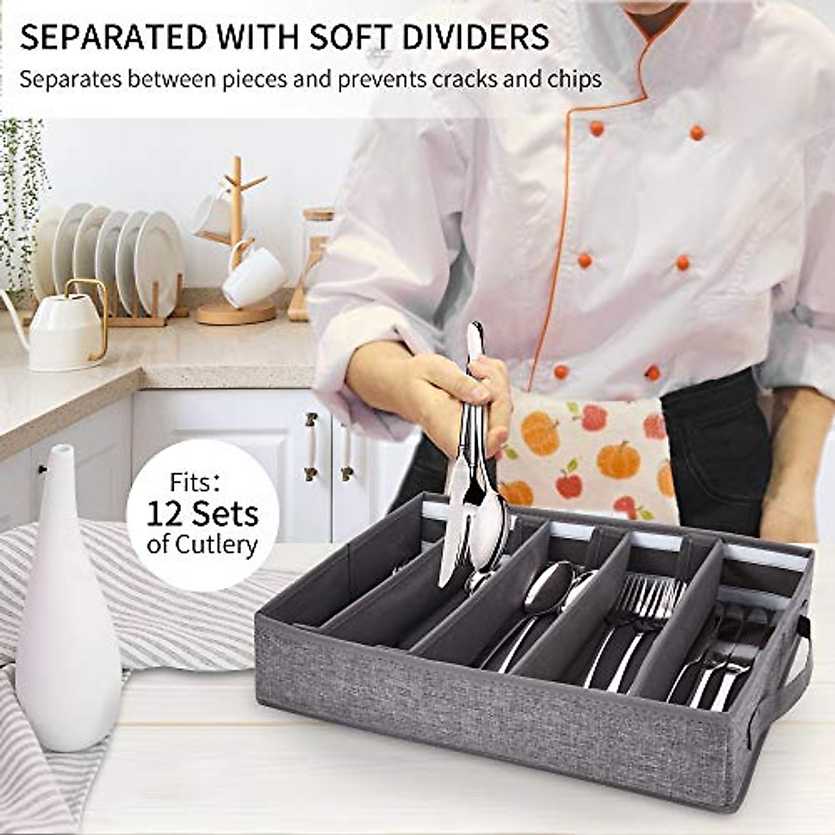 Silverware Storage Box Chest, Flatware Storage Case, Utensil Holder with Removable Lid and Adjustable Dividers for Organizing Utensils, Cutlery, Flatware, Knives, Large Capacity Gray