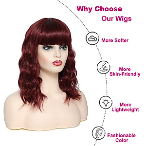 RemyAeki Red Wavy Wigs with Bangs for Women, Short Curly Bob Wigs Medium Shoulder Length, Burgundy Wine Red Synthetic Wigs Natural Looking 14 Inch