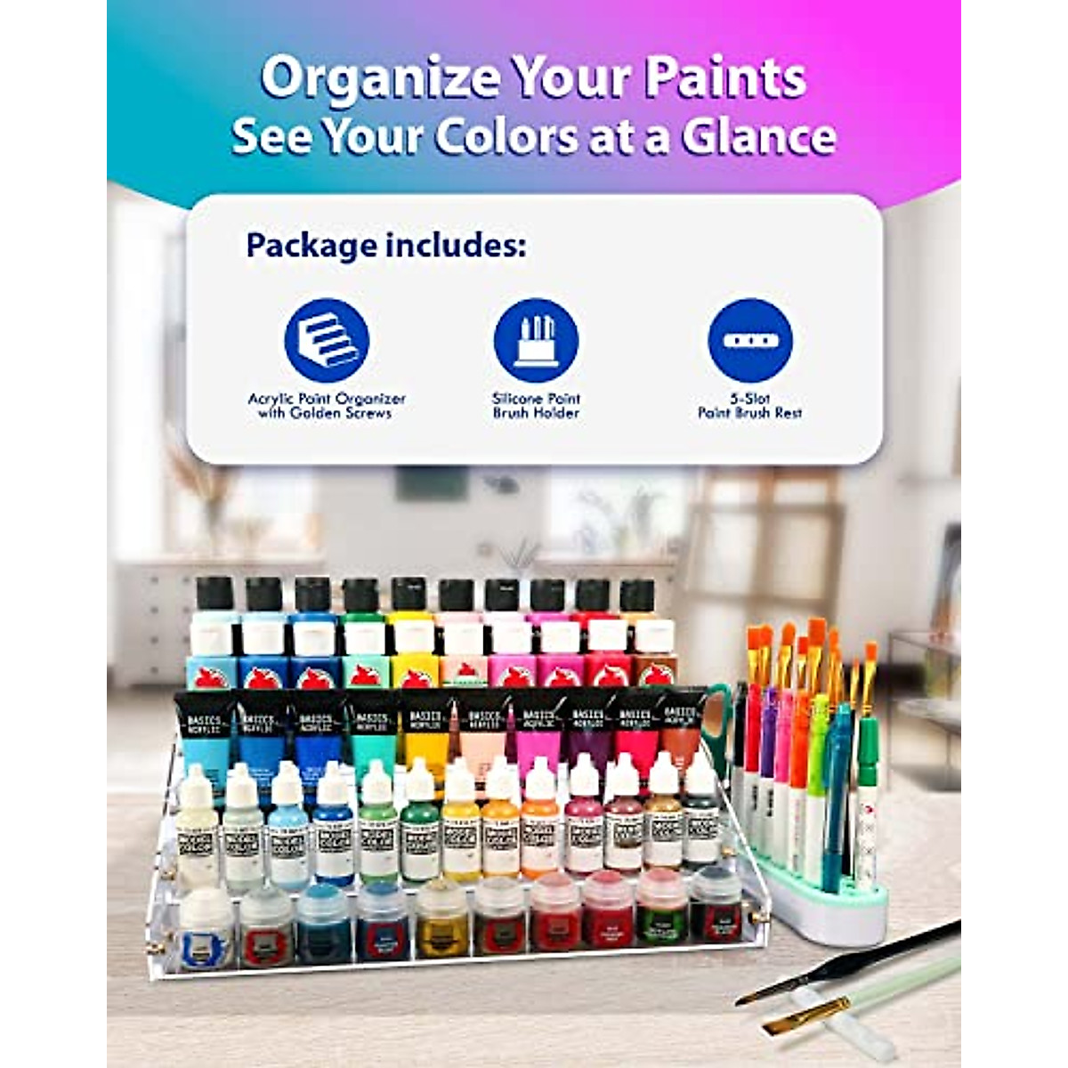 tinctor Paint Organizer & Paint Brush Holder. Perfect Paint Holder & Paint Brush Organizer for Acrylic Paint Storage, Craft Paint Storage, Paint Rack for 2 oz Bottles (Ocean Green)