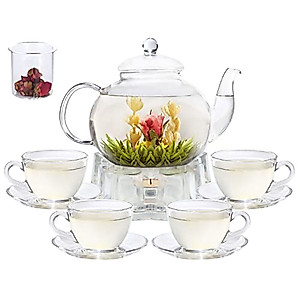 Glass Teapot Set, 40OZ/1200ml Stovetop Safe Glass Tea Kettle with Removable Infuser & Tea Warmer, Tea Cups and Saucers Set of 4, Blooming Tea & Loose Leaf Tea Maker Set for Women