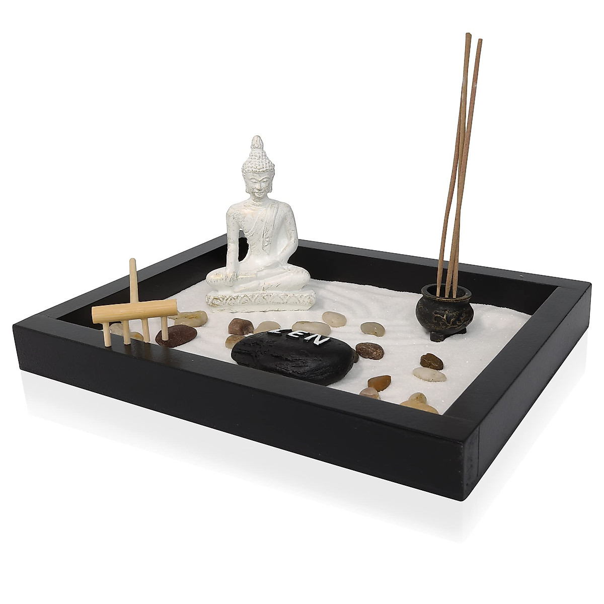 Japanese Mini Zen Garden Sand Box Kit with Incense Holder and White Miniature Buddha Statue - Zen Decor for Relaxation and Meditation - Home Decor, Office Accessory, Gift Set