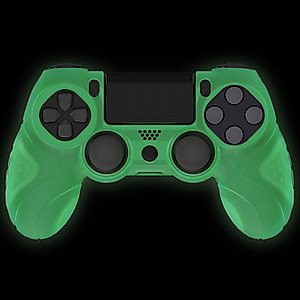 PlayVital Guardian Edition Glow in Dark - Green Ergonomic Soft Anti-Slip Controller Silicone Case Cover for ps4, Rubber Protector Skin with Joystick Caps for ps4 Slim/Pro Controller