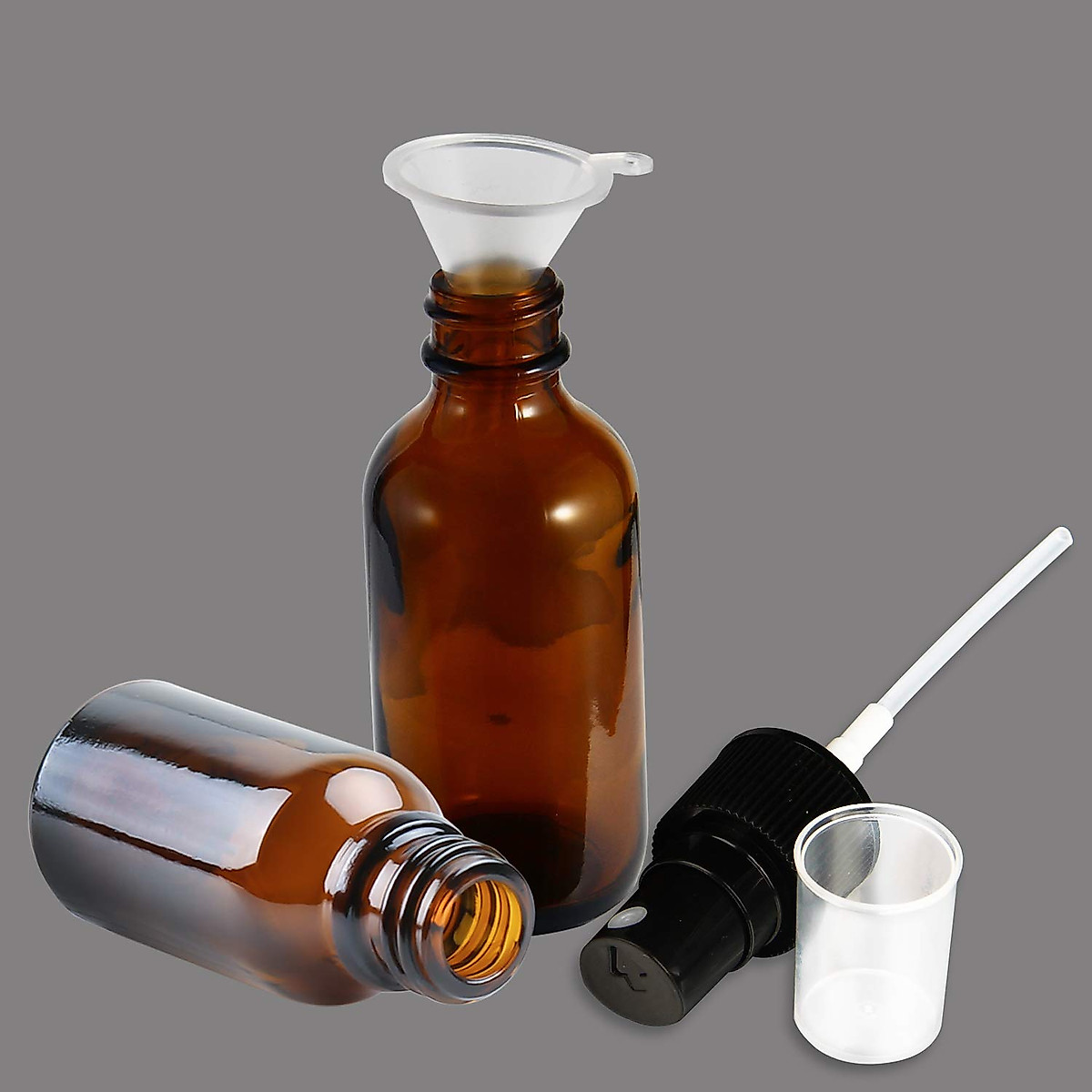 Ruckae Set of 20，1 oz Amber Glass Spray Bottles for Essential Oils, Hair, Water, Empty Small Fine Mist and Refillable Mister-With Funnel and Gold Pen,Black Fine Mist Sprayers