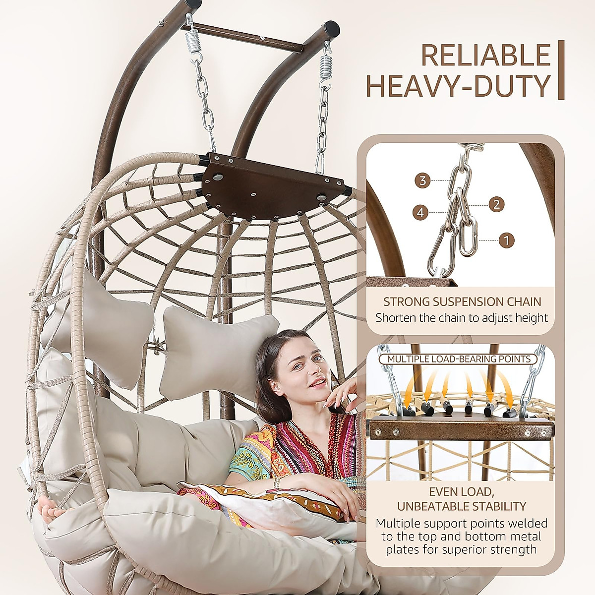 NICESOUL® Indoor Outdoor 2 Person Egg Chair Double Swing Chair with Stand Large Cream Wicker Patio Twins Basket Hanging Egg Chair with Cover 510lbs Capacity for Bedroom Balcony Oversized