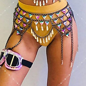 Salliy Boho Rhinestone Bikini Chain Set Silver Sexy Sequins Mesh Body Chains Summer Bra Body Jewelry for Women and Girls (F)