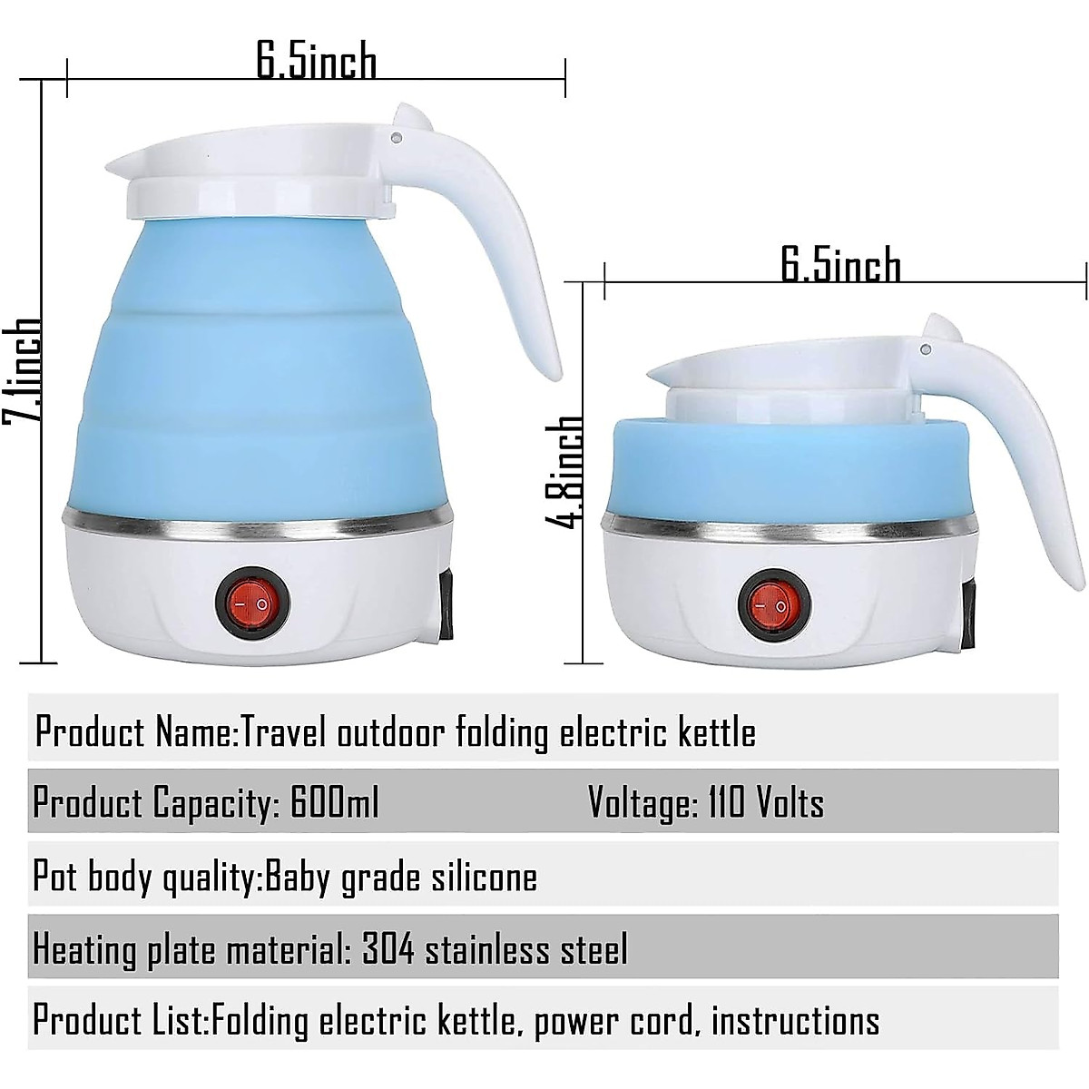 Foldable Electric Travel Kettle - Portable and Convenient Silicone Collapsible Water Boiler and Tea Pot for Camping - Easy Storage with Detachable Power Cord （Blue）