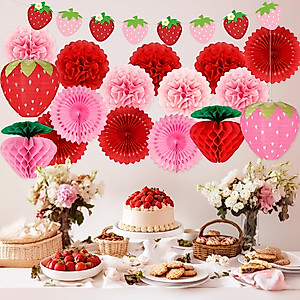 Kriyokiaa Strawberry Party Decorations 17 Pcs Berry First Birthday Decor with Tissue Pom Poms, Fans, Honeycomb, Lanterns, Garland, Perfect for Baby Shower Decorations, Berry 1st Birthday