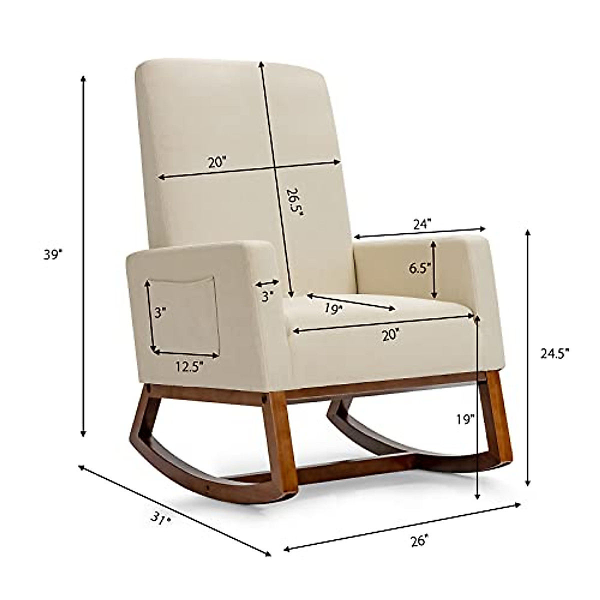 Giantx Upholstered Rocking Chair, Modern Fabric Armchair w/Wood Base, Side Pocket, Linen Padded Seat, High Back Accent Glider Rocker Chair, Mid-Century Leisure Chair for Nursery, Living Room (Beige)