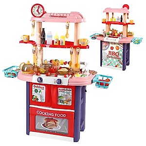 Play Kitchen Playset, 2 in 1 Gill and Kitchen Toys for Toddlers Kids Girls Boys