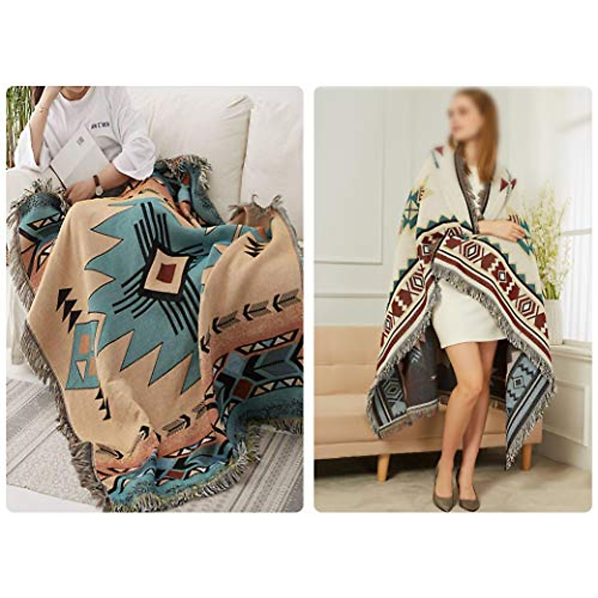 WarmTide Geometric Soft Southwestern Throw Blankets with Tassels Cozy Cotton Woven Aztec Knitted Bed Couch Throws Sofa Chair Towel Multi-Function for Home Decor Office Travel