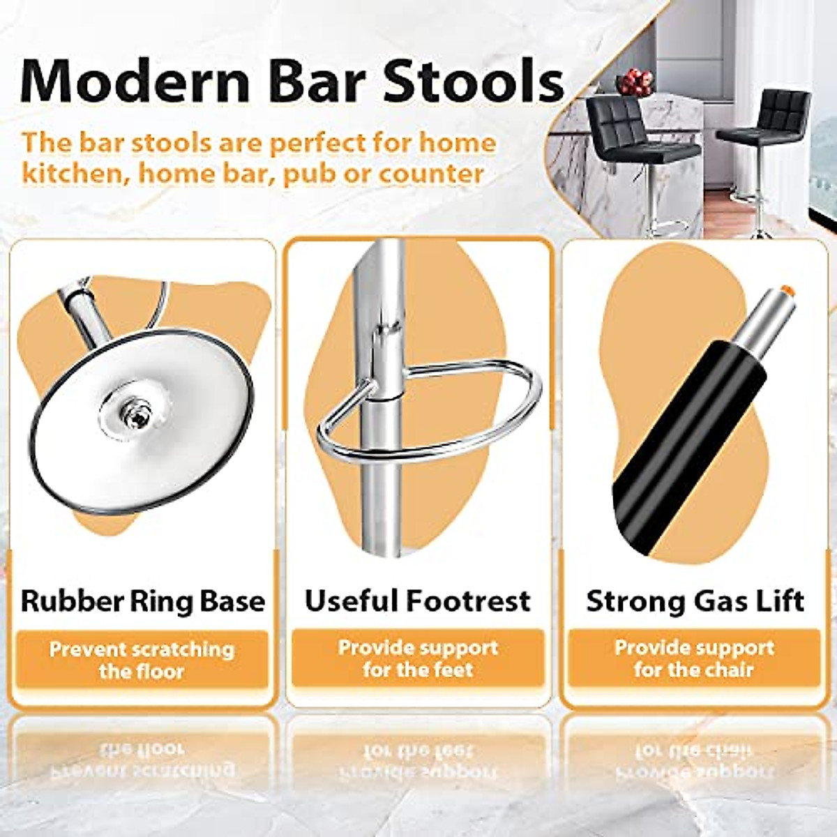 GUNJI Bar Stools Modern PU Leather Adjustable Barstools with Back Armless Hydraulic Kitchen Counter Height Swivel Bar Stool Set of 2 (Black)