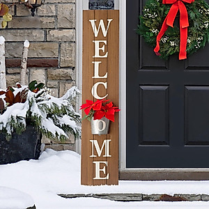 Glitzhome Welcome Sign for Front Door Porch, 42" Farmhouse Vertical Wooden Welcome Sign with Metal Hanging Planter for Front Porch, Rustic Indoor Outdoor Home Welcome Sign Decor, Natural