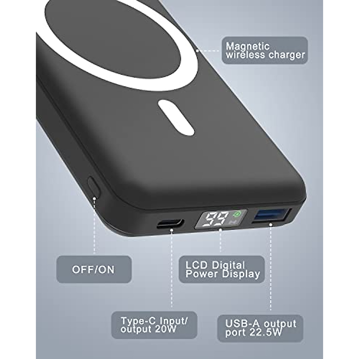 podoru Wireless Portable Charger, 10000mAh Magnetic Power Bank with Type-C Cable LED Display 22.5W PD Fast Charging Lighting Mag-Safe Battery Pack for iPhone 14/13/12/Mini/Pro/Pro Max-Black
