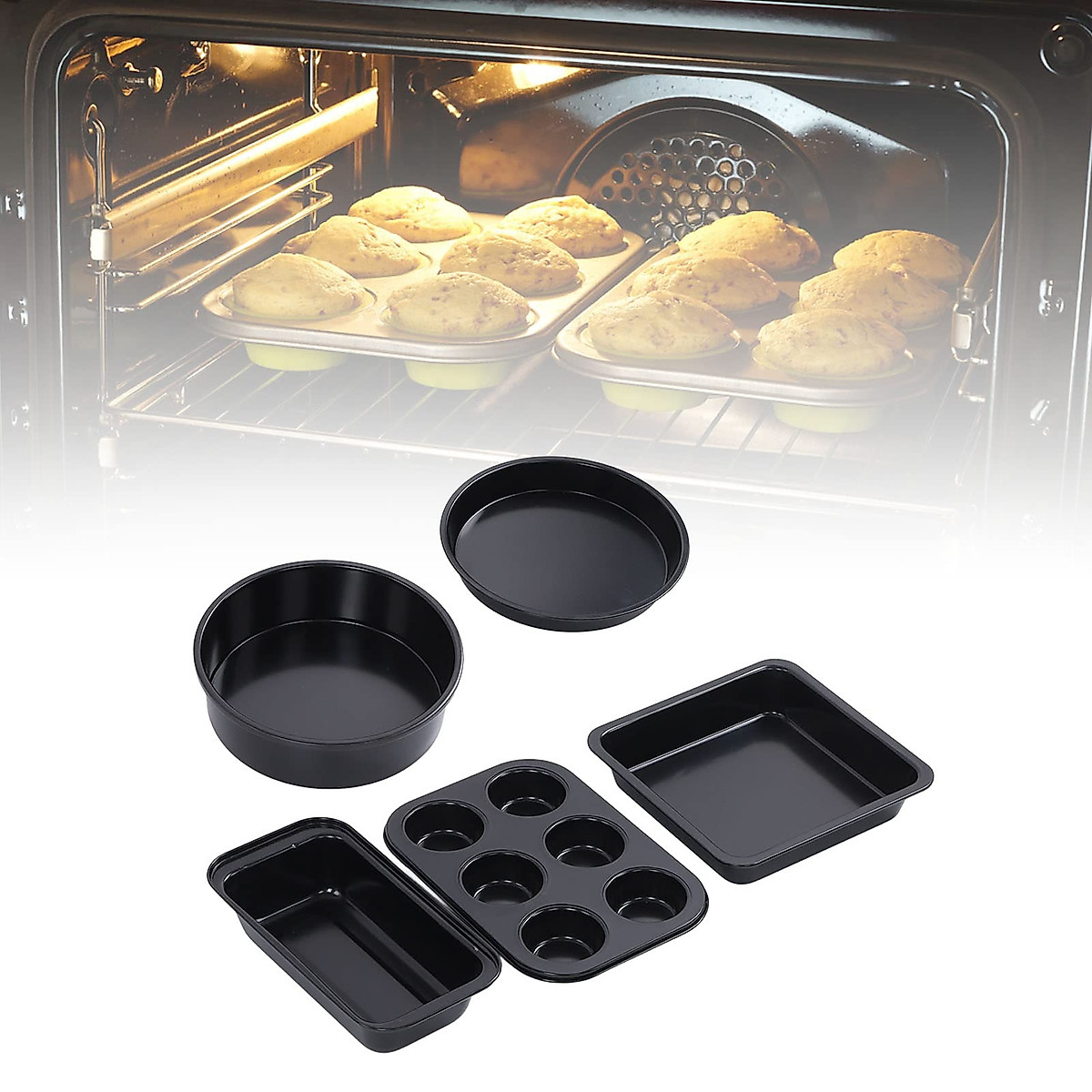 5Pcs Nonstick Bakeware Set Carbon Steel Baking Pans Kit High Temperature Resistance with Cake Mold,Baking Sheet,Pizza Tray,Quadrate & Rectangular Baking Pan for Household Bakery(Black)