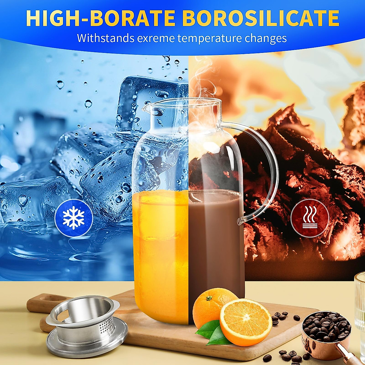 Glass Pitcher，85oz/2500ml Jug with Lid,Glass Carafe for Hot/Cold Water, Iced Tea Pitcher, Pitcher for Coffee