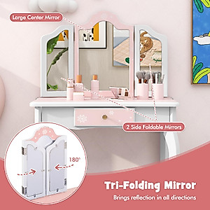 GLACER Kids Vanity Set, 2-in-1 Princess Makeup Table with Stool, Detachable Tri-fold Mirror and Large Drawer, Wooden Pretend Play Kids Vanity Table and Chair Set for Girls (Pink Snowflake Print)
