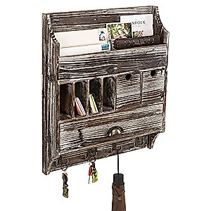 MyGift Torched Wood Entryway Wall Organizer with Mail Holder Organizer, Accessories Storage Compartments, Pull Out Drawers and Dual Key Hooks