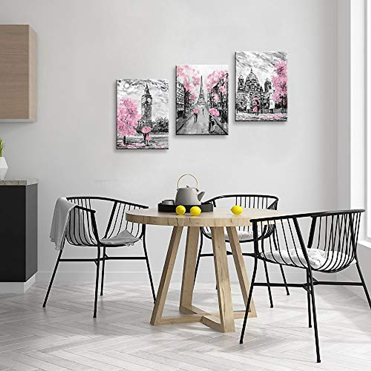 CANVASZON Black and White Canvas Wall Art for Living Room Bedroom Bathroom Girls Pink Paris Theme Room Decor Oil Painting Print London Big Ben Tower Eiffel Painting for Wall Decor Pink