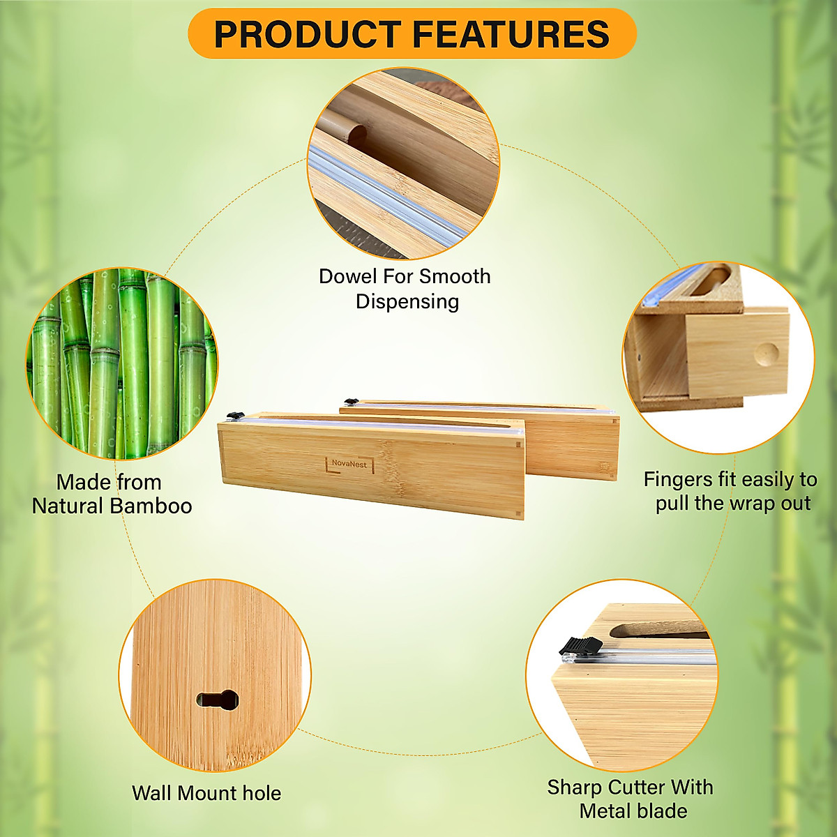 NovaNest Wrap Organizer Dispenser with Cutter, (2 Piece Set), Fits 12" Rolls, Plastic Wrap, Aluminum Foil, Wax Paper, Saran Wrap, Cling Wrap Holder for Kitchen Storage, Mountable, Bamboo