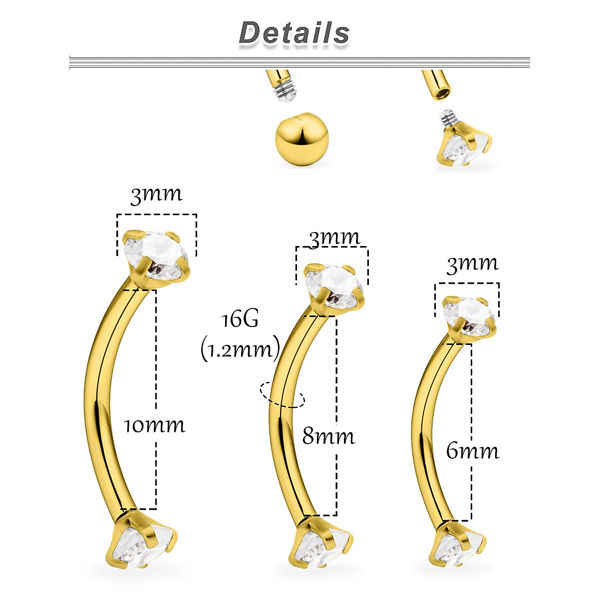 Ocptiy 16G Gold Rook Eyebrow Piercing jewelry Daith Earring Stainles Surgical Steel Curved Barbell Vertical Labret Lip Snake Frog Eye Tongue Belly Button Ring Piercing Jewelry Men Women 6mm 8mm 10mm