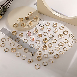 17KM 60Pcs Gold Crystal Vintage Ring Sets for Women, Boho Knuckle Stackable Midi Rings Pack, Aesthetic Grunge Finger Rings Sets for Jewelry