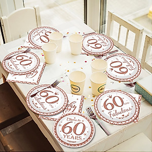 Wiooffen 60th Birthday Decorations for Woman 60th Birthday Paper Plates Napkins Cheers to 60 years Plates 60th Birthday Party Supplies for Women Rose Gold 60th Birthday Decorations Pink Party Supplies