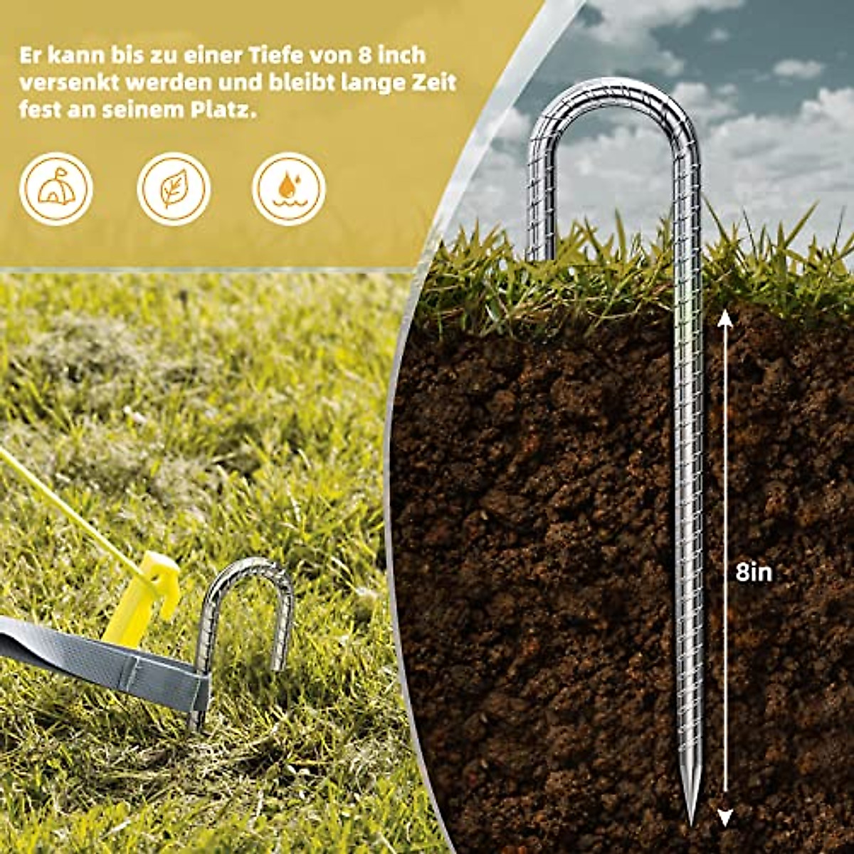 Rebar Stakes J Hook Extra Heavy Duty,【12 inch Long Enough】1/4 inch Rust Proof Coated Steel Ground Stakes Ground Anchors, Garden Stake Metal Stakes Tent Stakes Trampoline Anchors with Chisel Point End