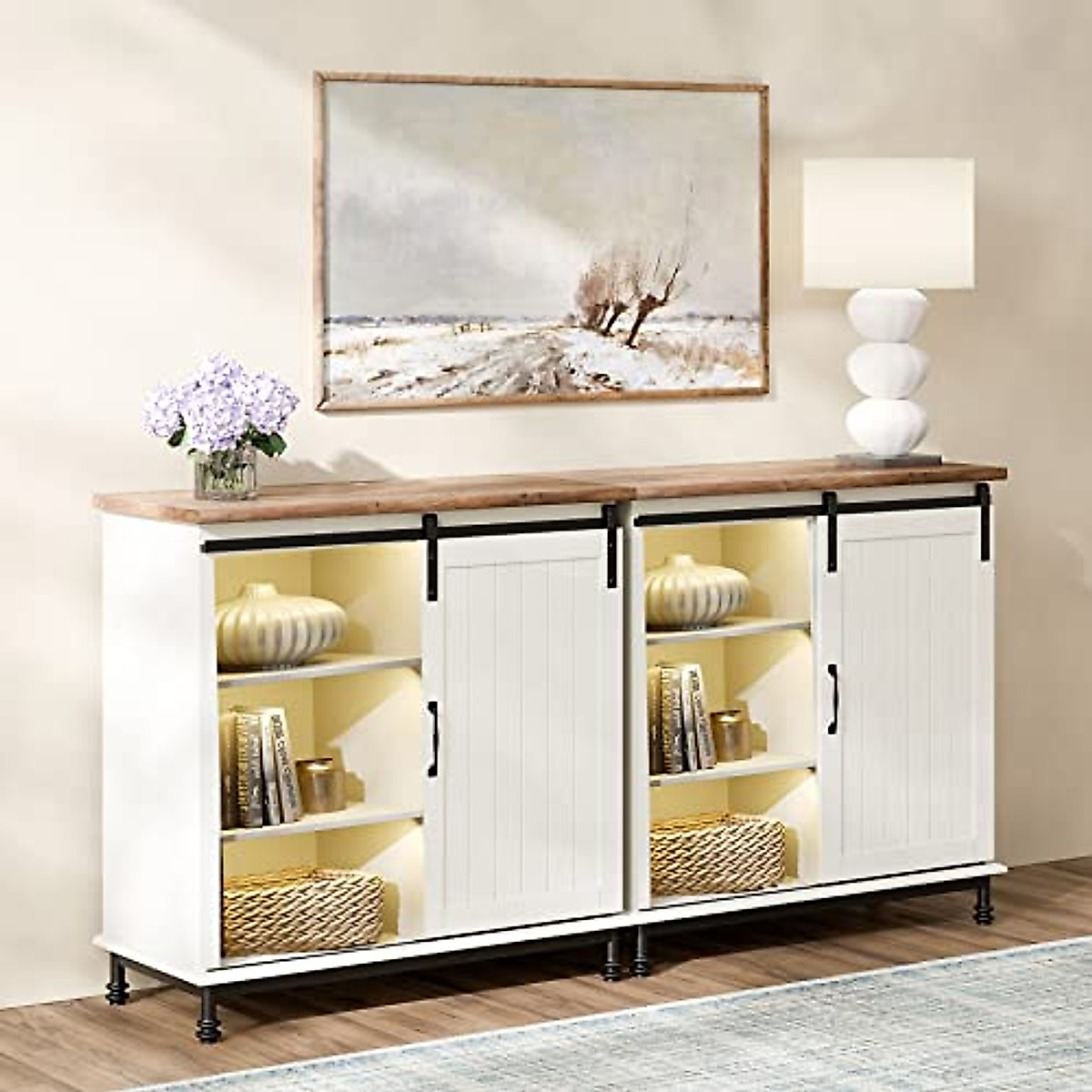 WAMPAT Multifunctional Storage Cabinet with Sliding Barn Door,LED Decorative Farmhouse Buffet Cabinet Coffee Bar Cabinet Accent Cabinet Entryway Storage Table for Living Room,Kitchen,70'',Cream White