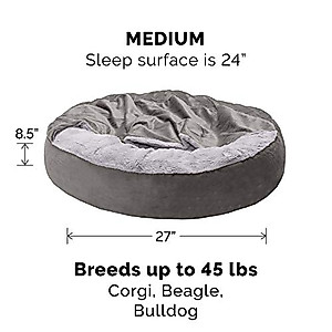 Furhaven 27" Round Calming Donut Dog Bed for Medium/Small Dogs, Washable, For Dogs Up to 45 lbs - Plush Velvet Waves Hooded Donut Bed - Dark Gray, Medium