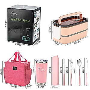 PVSpro JUST FOR YOU Bento Box Set with Insulated Tote, Mug & Cutlery Set, Stackable Bento Box for Lunch, Bento Kit Lunch Box with Handle, Large Bento Lunchbox Container, Japanese Bento (Pink)