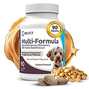 K9 Select Multi-Formula Dog Vitamins for Smaller Dogs - 10mg HMR Lignans, 1mg Melatonin, 20mg Milk Thistle - Helps Heart, Liver, Digestion, Skin & Coat Health, 90 Tablets, Peanut Butter Flavor