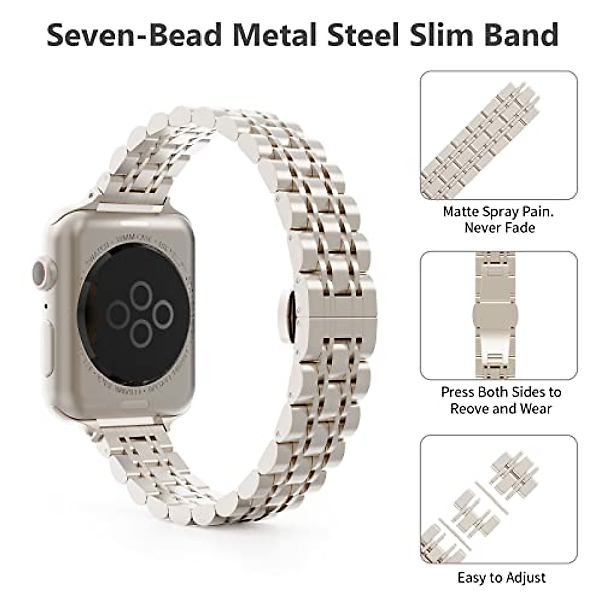 Aicumuza Slim Metal Watch Bands Compatible With Apple Watch 41mm 40mm 38mm, Starlight Thin Stainless Steel Chain Link for Women iWatch Series 8, Series 7/SE/Ultra/6/5/4/3/2/1 (38/40/41mm, Starlight)