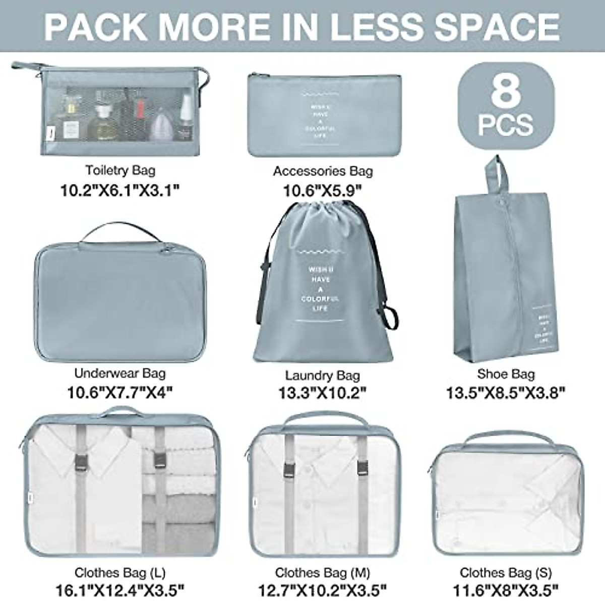 8 Pack Luggage Packing Organizers Packing Cubes Waterproof Suitcase Organizer Bags Travel Packing Organizers (Gray)