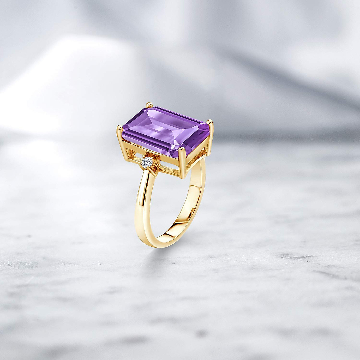 Gem Stone King 18K Yellow Gold Plated Silver Purple Amethyst and White Topaz Ring For Women (7.28 Cttw, Emerald Cut Checkerboard 14x10MM, Gemstone February Birthstone, Available In Size 5, 6, 7, 8, 9)