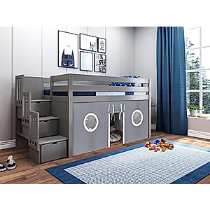 JACKPOT! Contemporary Low Loft Twin Bed with a 3 Drawer Stairway, Gray with Gray & White Tent