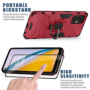 Lokyoo for Oneplus Nord N20 5G Case with Tempered Glass Screen Protector [2pcs], 1+ Nord N20 5G, Full Protective Case with Metal Ring Magnetic Support Kickstand for Oneplus Nord N20 Red