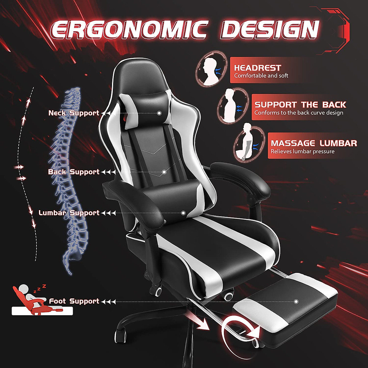 Shahoo Gaming Chair with Footrest and Massage Lumbar Support, Video Racing Seat Height Adjustable with 360°Swivel and Headrest for Office or Bedroom, Red and Black
